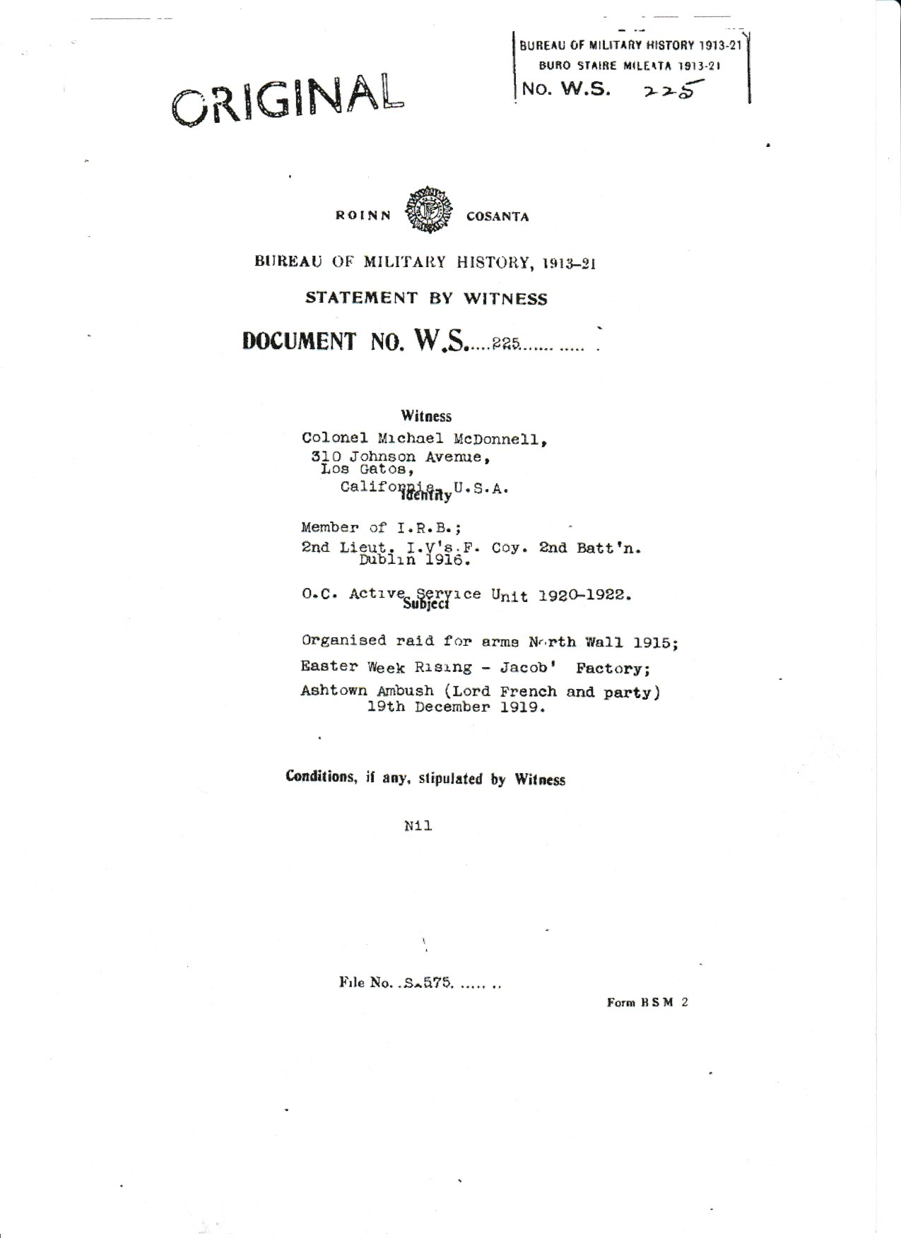 Bureau of Military History - Witness Statement Colonel Michael ...