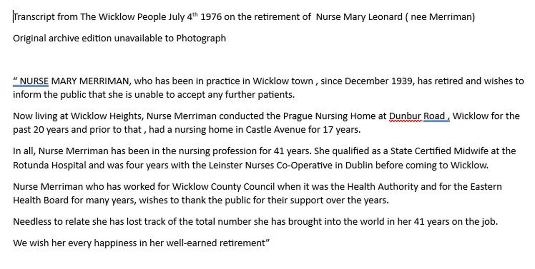 Community Midwife/Nurse Project- Nurse Mary Leonard